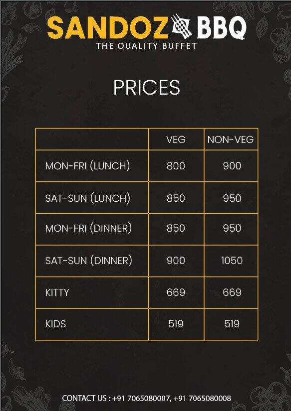 Menu of Sandoz BBQ, Janakpuri, New Delhi