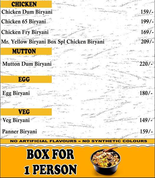 Menu of Mr. Yellow Biryani Box, Ramanthapur, Hyderabad
