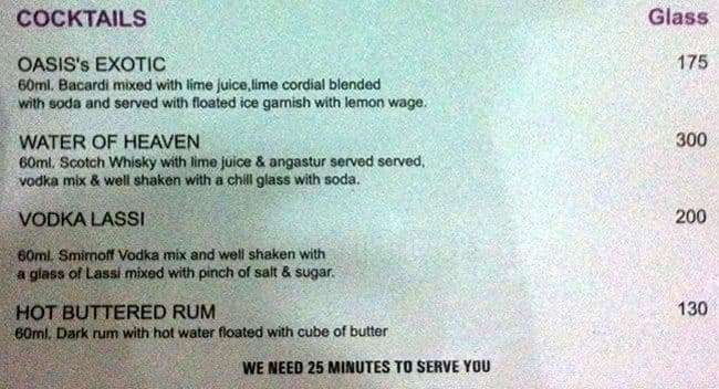Menu at Oasis Bar, Guwahati, Opposite Stadium