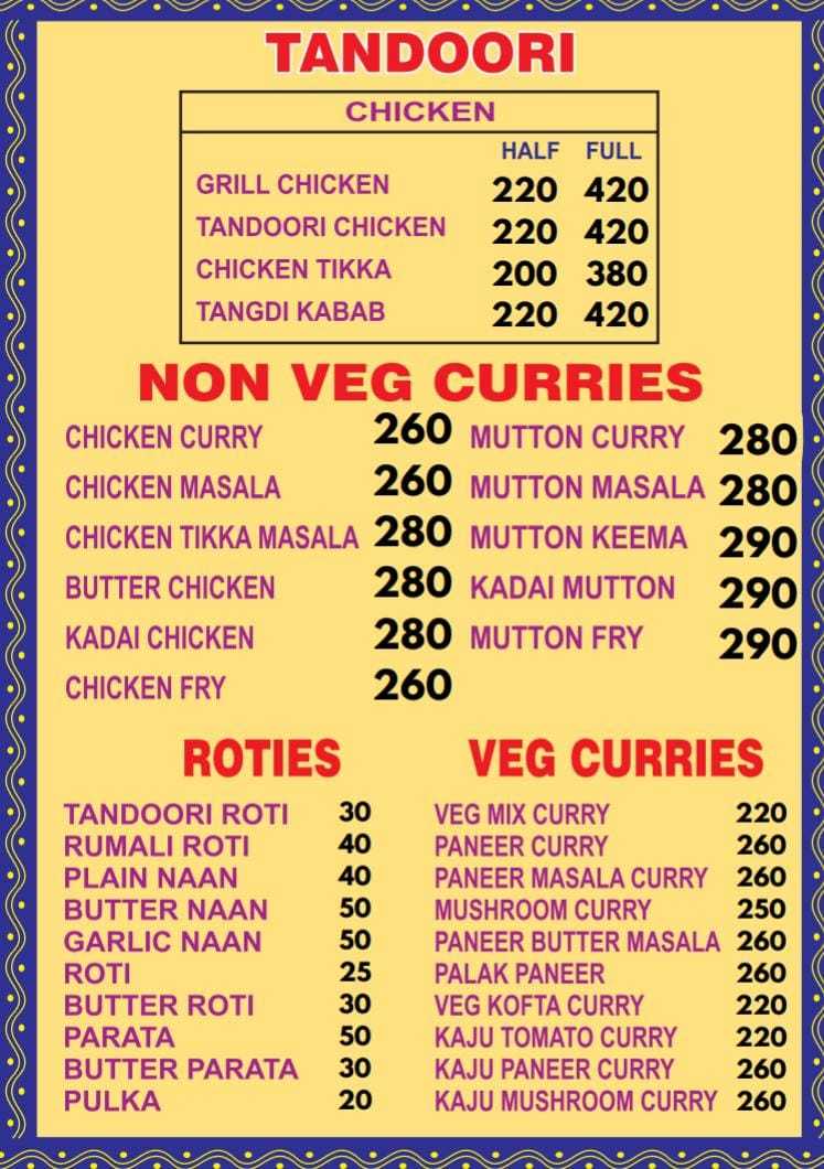 Menu of Hyderabadi Dhaba, Kukatpally, Hyderabad