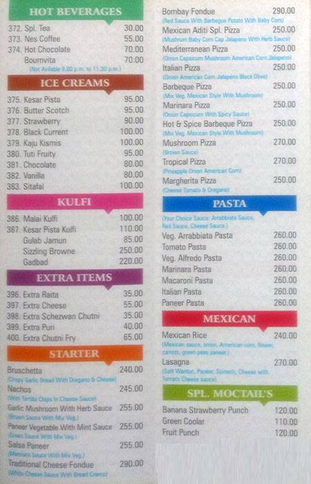 Menu at Aditi Fast Food & Restaurant, Mumbai, Hotel Columbus