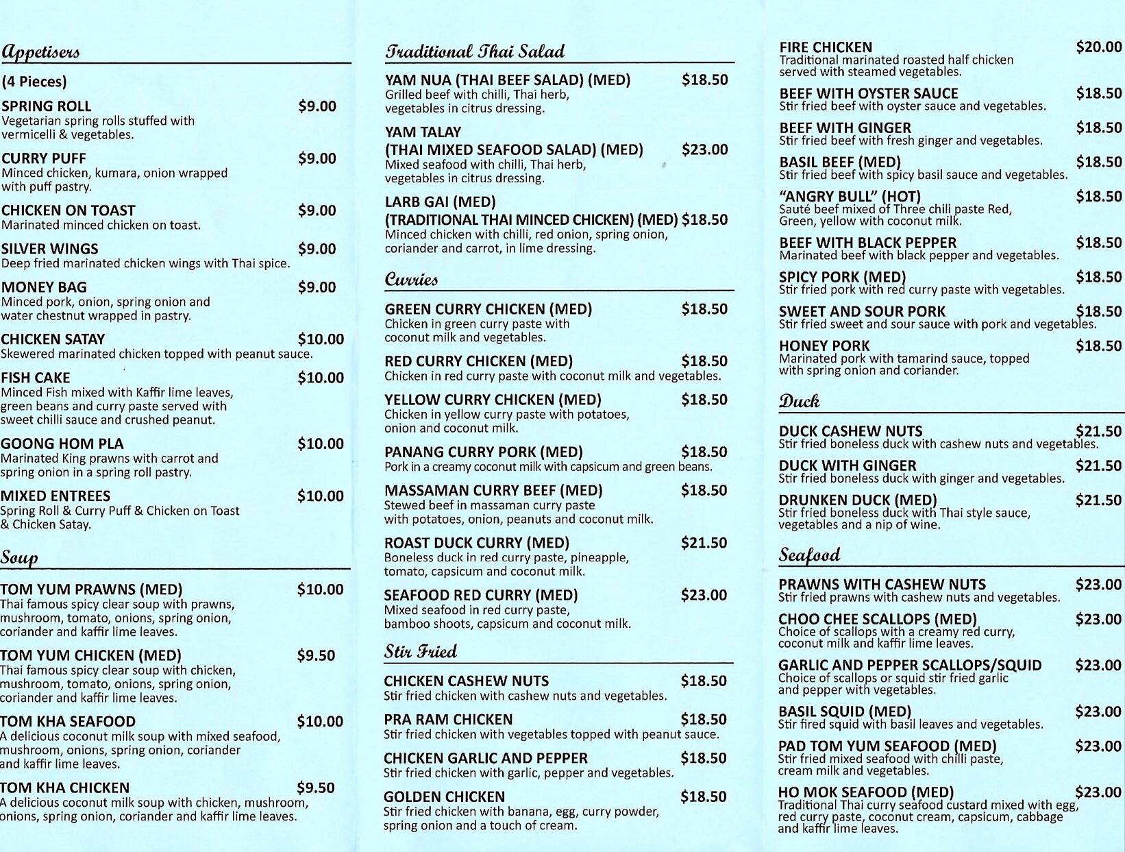 Menu at Thai Silver Restaurant, Auckland