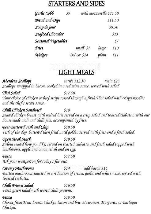 Menu at The Aberdeen restaurant, Masterton