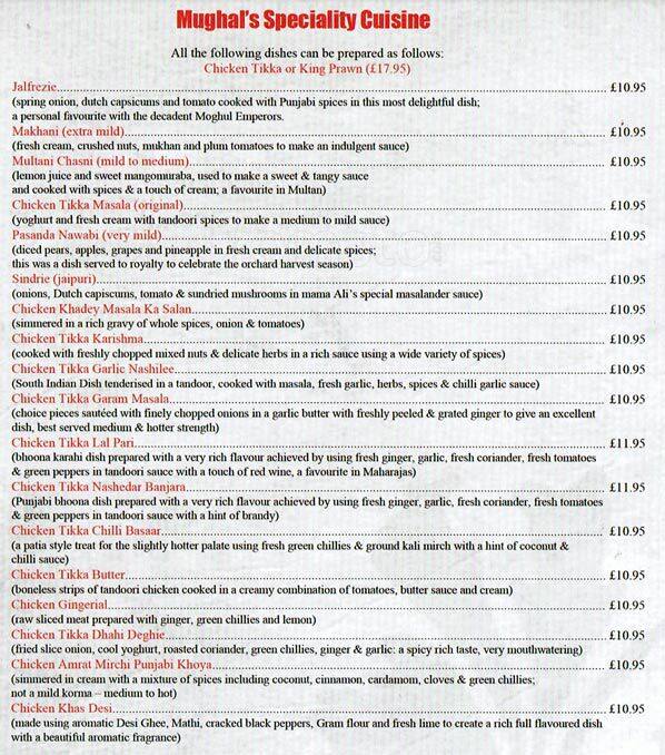 Menu at Shish Mahal Restaurant, Glasgow, 60-68 Park Rd