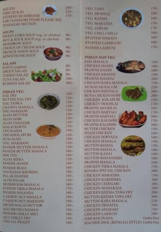 Menu of Kinara, Cavelossim, Goa