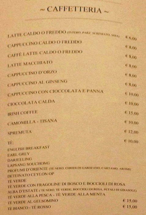 Menu at Antico Caffè Greco cafe, Rome, Via dei Condotti