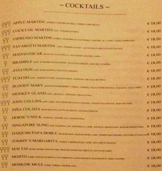 Menu at Antico Caffè Greco cafe, Rome, Via dei Condotti