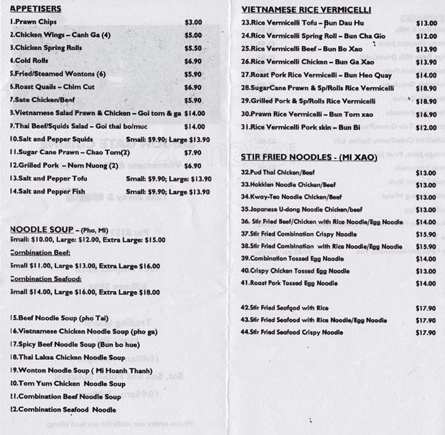 Menu at Saigon Gate Cuisine fast food, Blair Athol