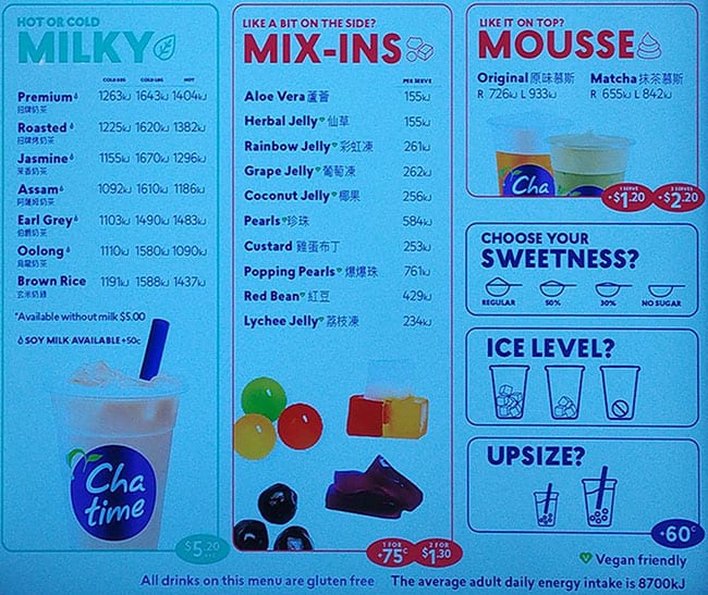 Menu at ChaTime, Toowong, Shop K8