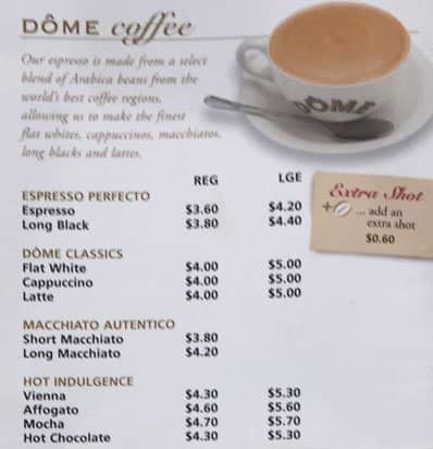 Menu at Dome cafe, Perth, shop 1 ground level/256 Adelaide Terrace