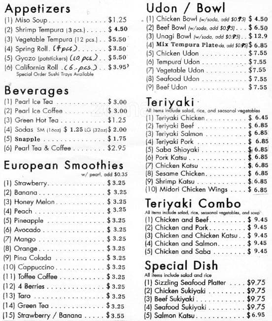 Menu at Midori Japanese Cuisine restaurant, Vallejo