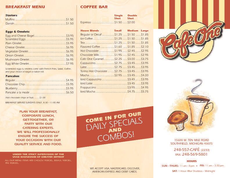 Menu at Cafe One LLC, Southfield, W 10 Mile Rd #17