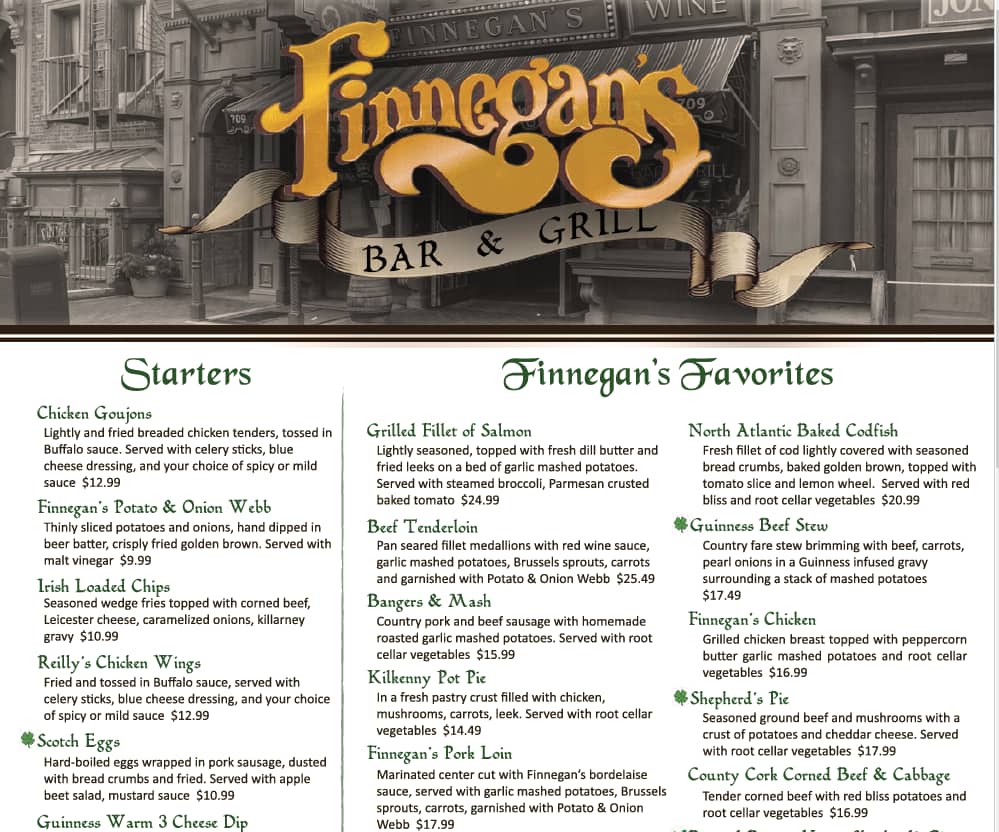 Finnegan's Bar and Grill Menu, Menu for Finnegan's Bar and Grill, I ...