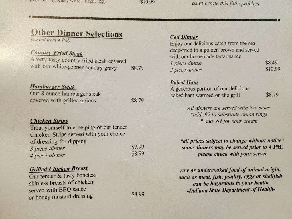Menu at Willow Springs restaurant, Hagerstown