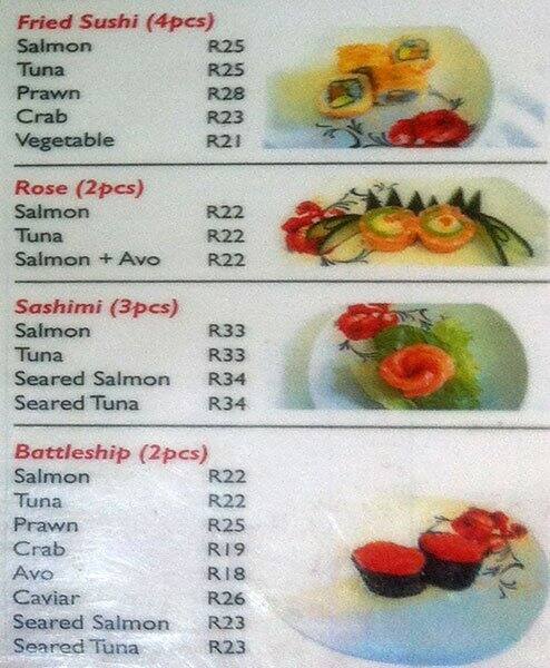 Menu at Happiness restaurant, Roodepoort