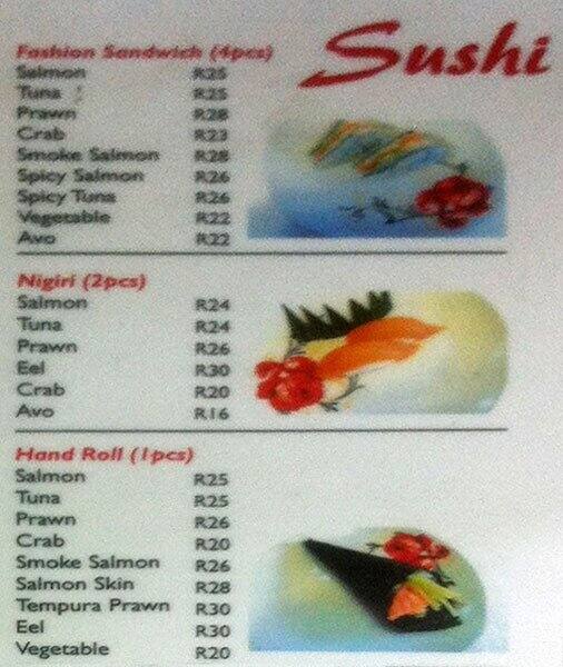 Menu at Happiness restaurant, Roodepoort