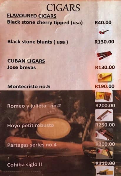 Menu at P.H Network Cafe, Johannesburg