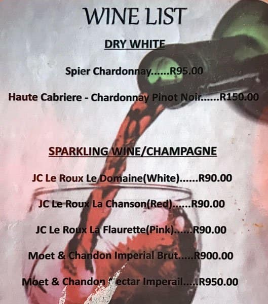 Menu at P.H Network Cafe, Johannesburg