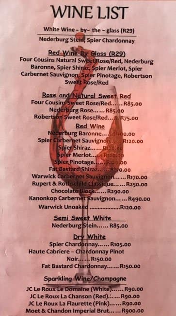 Menu at P.H Network Cafe, Johannesburg