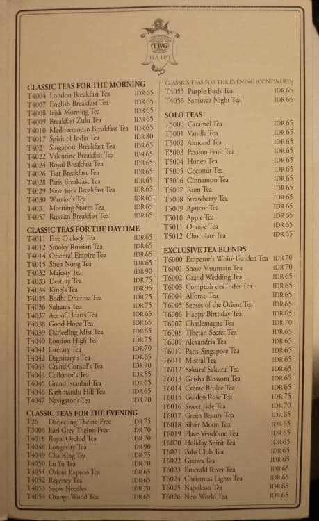 Menu at TWG Tea Salon and Boutique at Pacific Place cafe, Jakarta