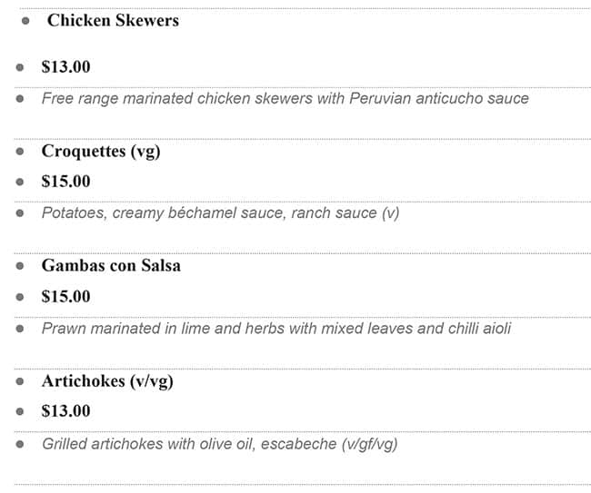 Menu at Vamos restaurant, Fitzroy