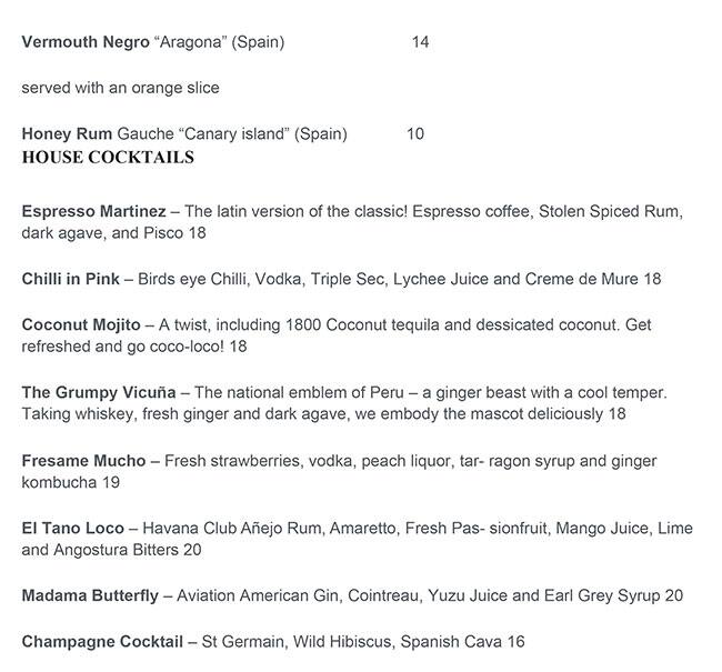 Menu at Vamos restaurant, Fitzroy