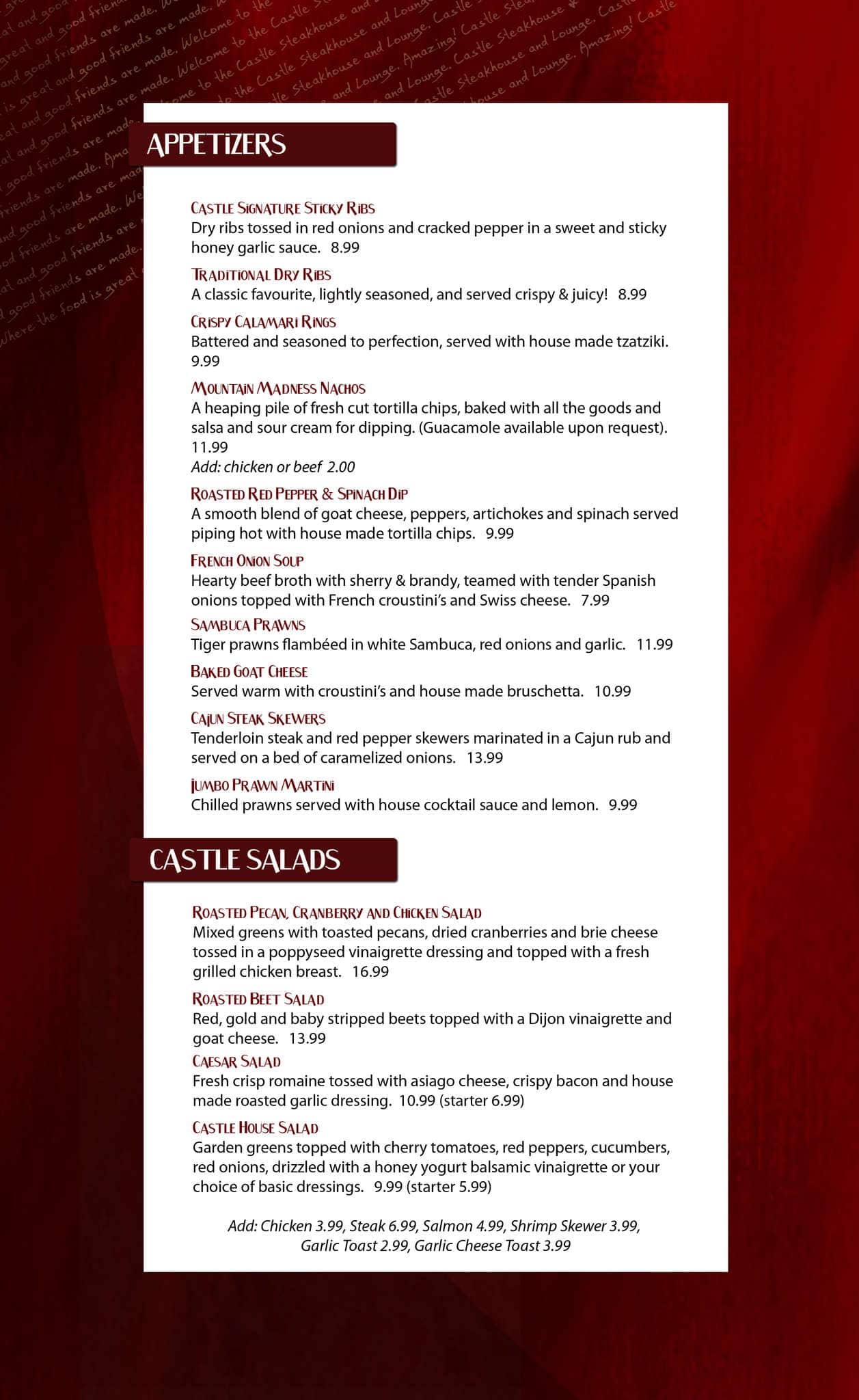 Menu at Castle Steakhouse, Airdrie