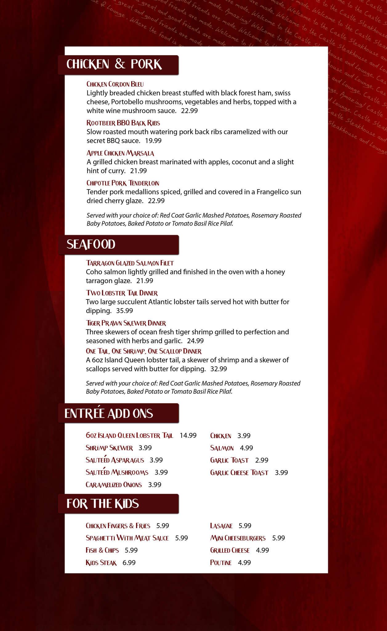 Menu at Castle Steakhouse, Airdrie