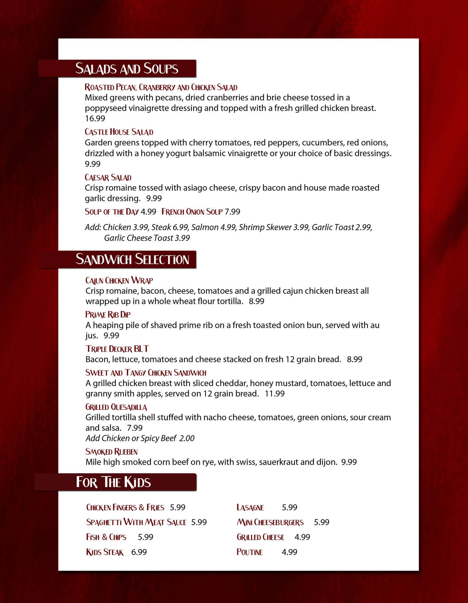 Menu at Castle Steakhouse, Airdrie