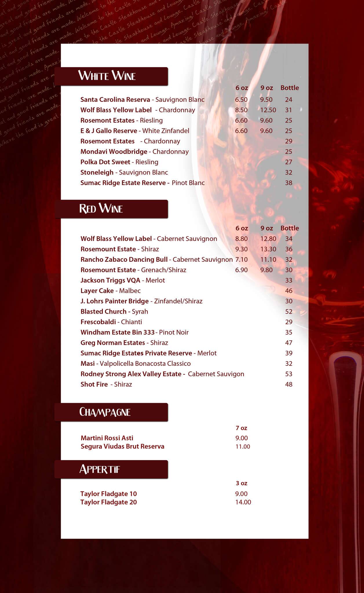 Menu at Castle Steakhouse, Airdrie