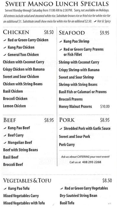 Menu at Sweet Mango restaurant, San Jose