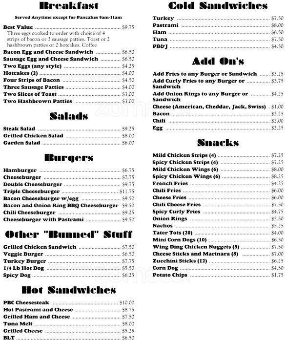 Menu at Deli & Grill at Presidio Bowling Center fast food, San Francisco