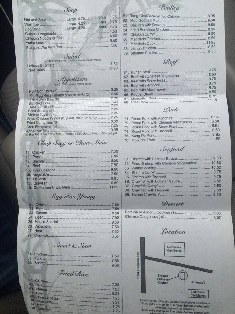 Menu at Bruce's Chinese Kitchen restaurant, Slidell