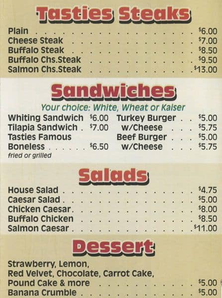 Menu at Tasties restaurant, Philadelphia, Germantown Ave