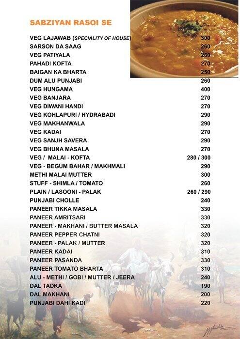 Menu at Pritam's Dhaba, Mumbai, Sasunavghar