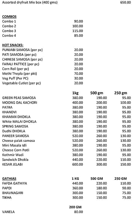 Menu at Kandoi Haribhai Damodar Mithaiwala, Mumbai, Ghatkopar