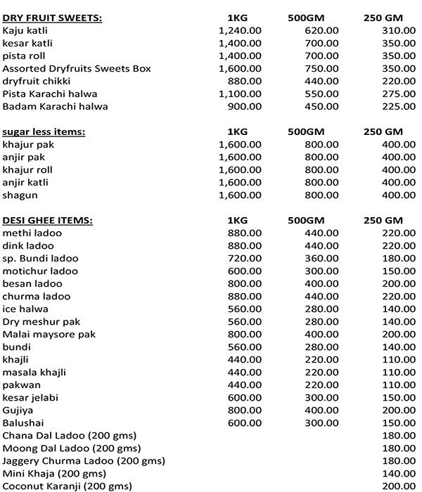 Menu of Kandoi Haribhai Damodar Mithaiwala, Chembur, Mumbai