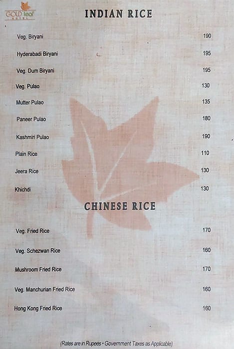 Menu at Gold Leaf, Udaipur