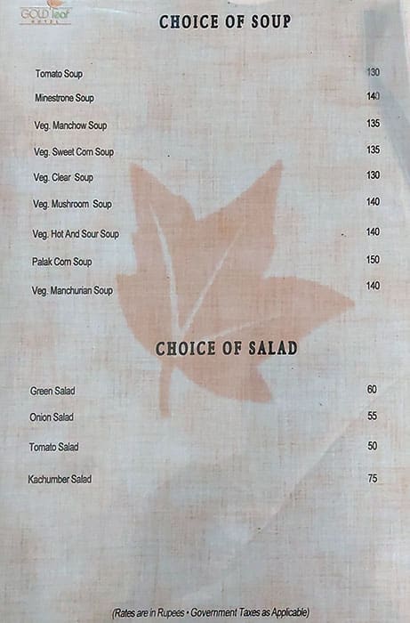 Menu at Gold Leaf, Udaipur