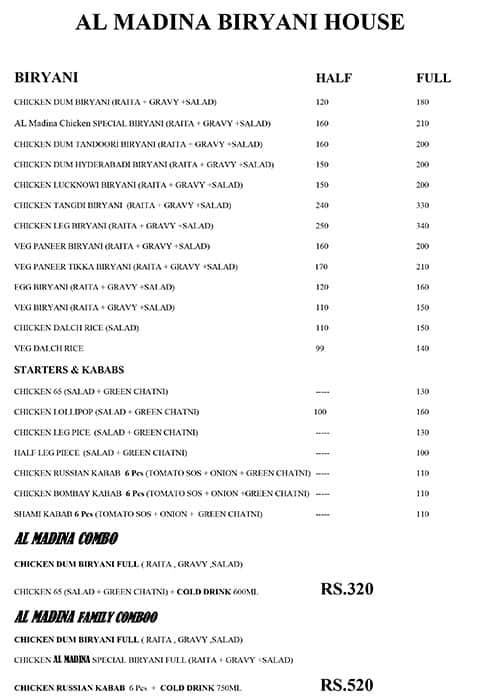 Menu of Al Madina Biryani House, Pimple Saudagar, Pune