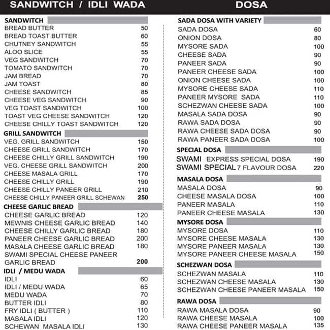 Menu of Bombay Dosa Corner, Kandivali West, Mumbai