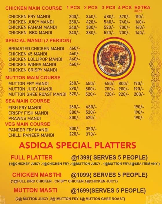 Menu of Asdiqa Mandi & Restaurant, Suraram, Hyderabad
