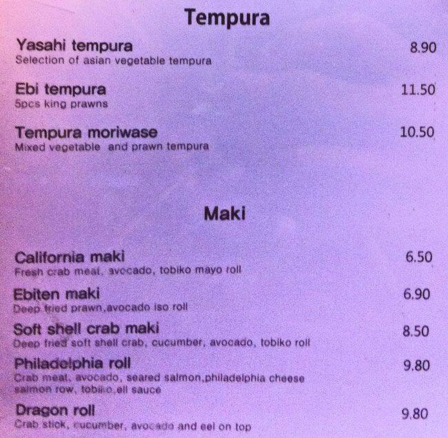 Menu at Sushi Kyoto restaurant, London, 26 Romilly St