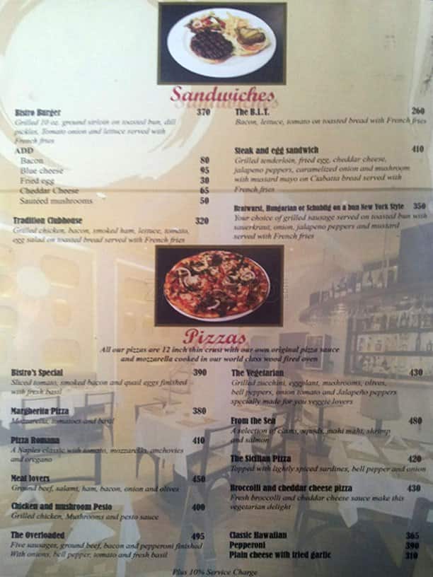 Menu at Bistro Mondo restaurant, Makati