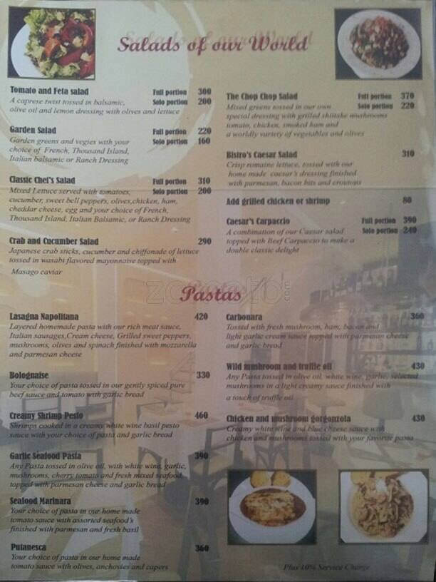 Menu at Bistro Mondo restaurant, Makati