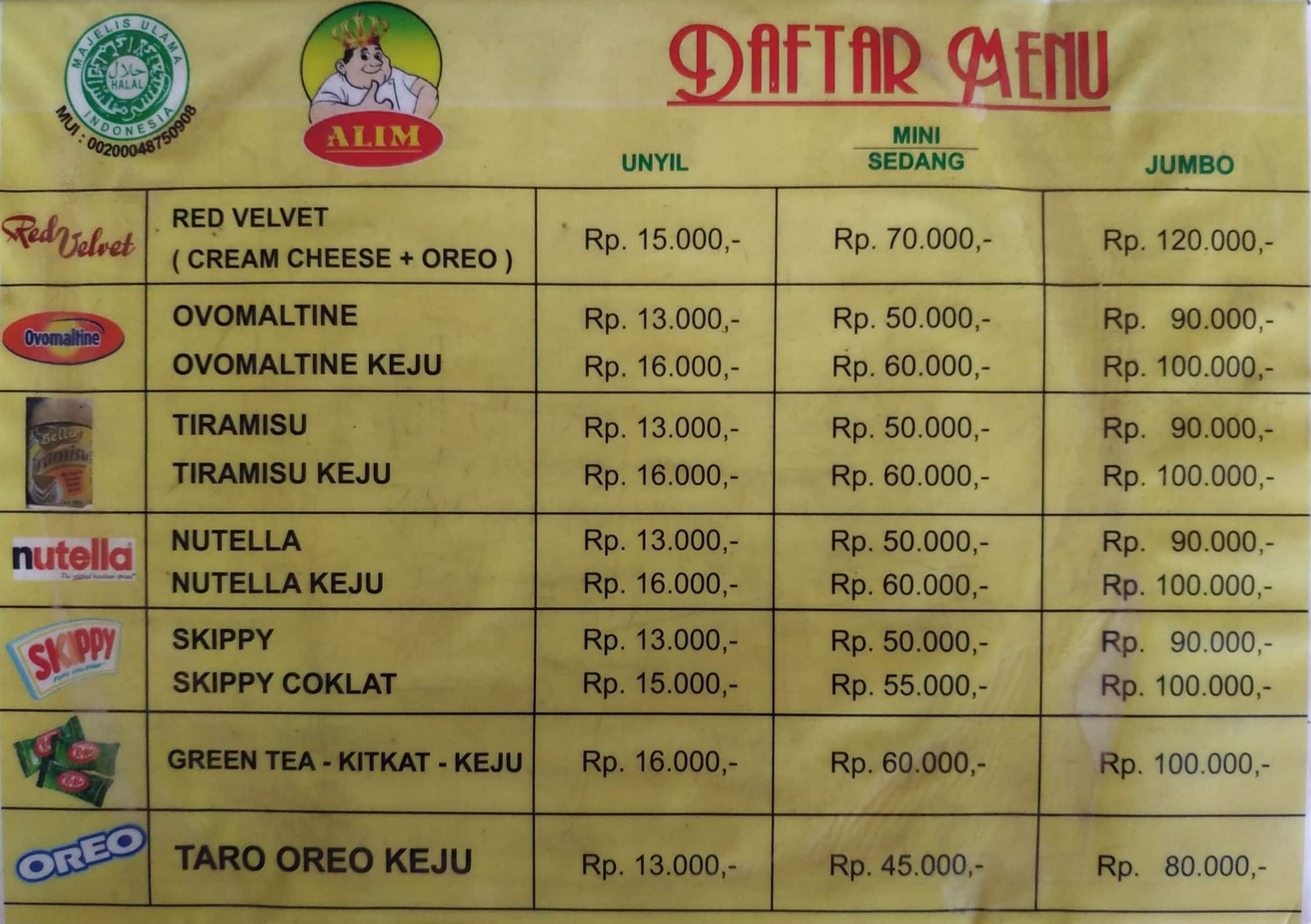 Menu at Martabak Alim restaurant, East Jakarta, Jl. Cawang Baru Tengah ...