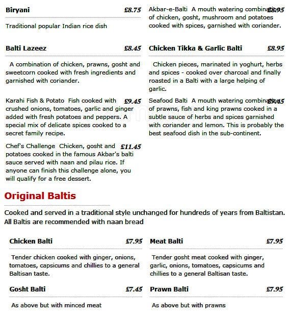 Menu at Akbar's, Glasgow