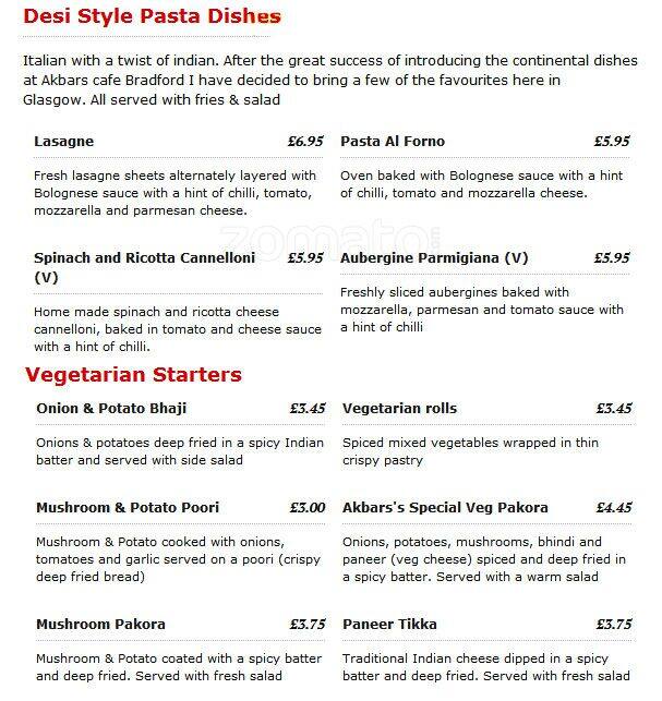 Menu at Akbar's, Glasgow