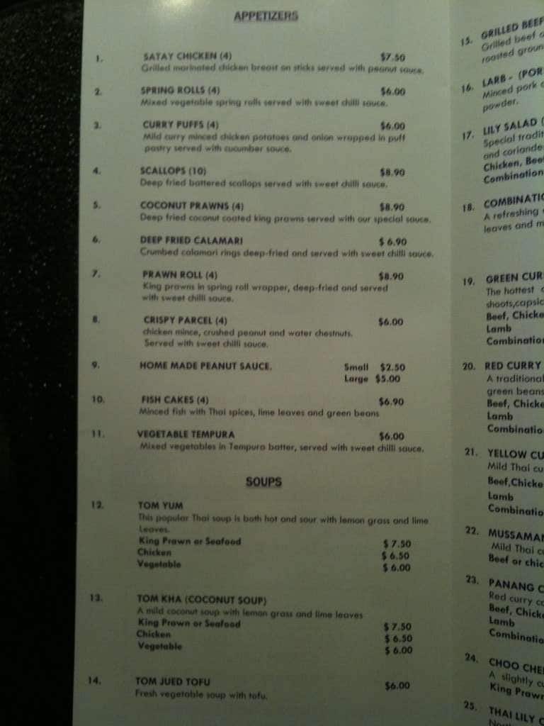 Menu at Thai Lily Restaurant, Carindale, 4 Bedivere St