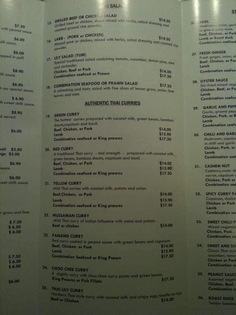 Menu at Thai Lily Restaurant, Carindale, 4 Bedivere St